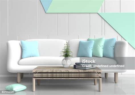 파스텔 룸 화이트 소파 유리 화병 가벼운 녹색 및 밝은 파란색 베개 파란 책 파스텔 시멘트 벽 그것은 격자 무늬와 흰색 시멘트 바닥에 나무를 꾸며져 있습니다 3d