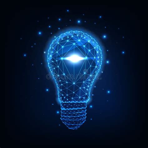 Futuristic Glowing Low Polygonal Light Bulb Isolated On Dark Blue