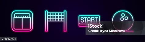 세트 라인 스포츠 기계식 스코어 보드 배구 네트 결승선 리본 및 볼링 빛나는 네온 아이콘입니다 벡터 경기 스포츠에 대한 스톡 벡터 아트 및 기타 이미지 Istock