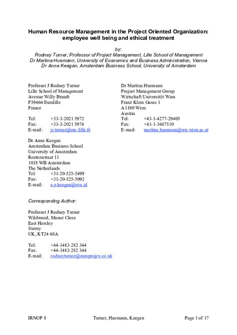 Pdf Human Resource Management In The Project Oriented Organization Employee Well Being And