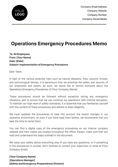 Free Operations Emergency Procedures Memo Template To Edit Online