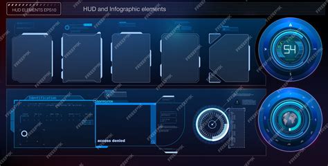 Hud Ui Gui 미래형 사용자 인터페이스 화면 요소 세트 비디오 게임을위한 첨단 화면 공상 과학 개념 프리미엄 벡터