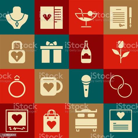 인사말 카드 결혼 반지 꽃 장미 칵테일 선물 상자 자물쇠와 심장 마네킹과 샴페인 병 아이콘에 목걸이를 설정합니다 벡터 0명에 대한 스톡 벡터 아트 및 기타 이미지 Istock