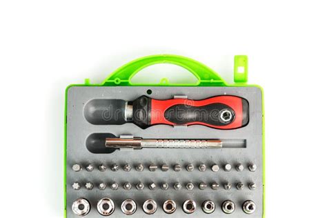 Tool Box With Attachments And Bits Of Different Shapes And Sizes Isolate Free Space Stock