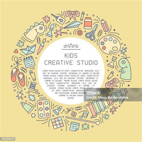 아이 들을 위한 창조적 인 스튜디오 정보 카드 창의적 활동 및 샘플 텍스트 창의력에 대한 스톡 벡터 아트 및 기타 이미지