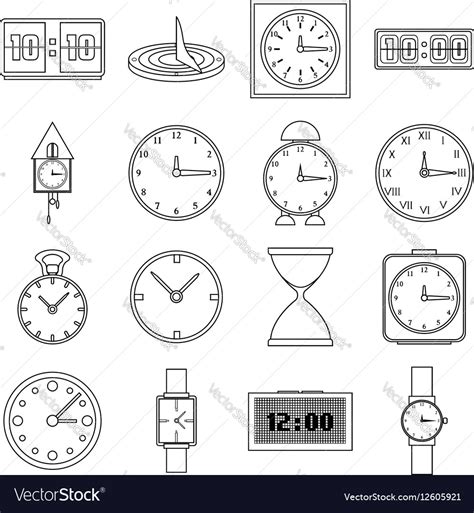 Clocks Icons Set Outline Style Royalty Free Vector Image