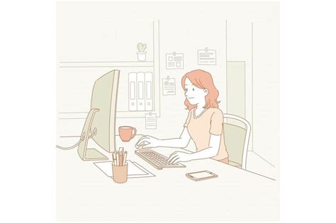 Woman Using Computer Computer Drawing Simple Line Drawings Minimal Drawings