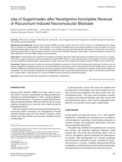 Pdf Use Of Sugammadex After Neostigmine Incomplete Reversal Of Rocuronium Induced