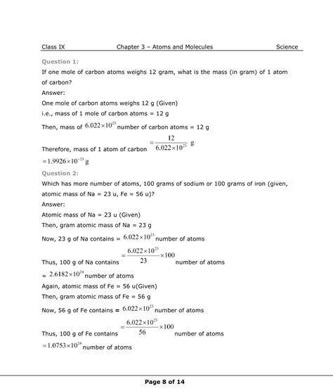 Class 9th Science Atoms And Molecules Ncert Solution Cbse 2023