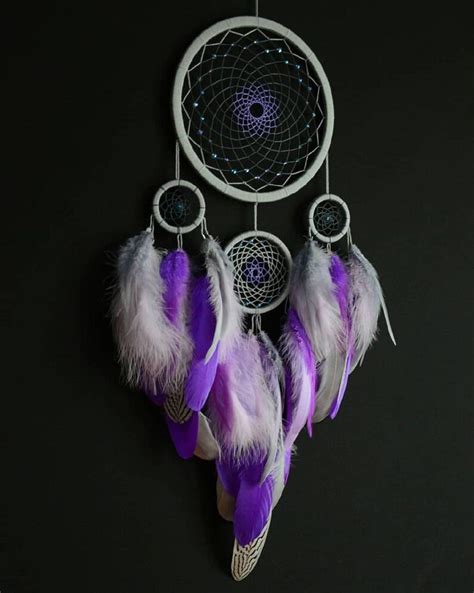 Large Grey Dream Catcher With Purple Feathers Etsy