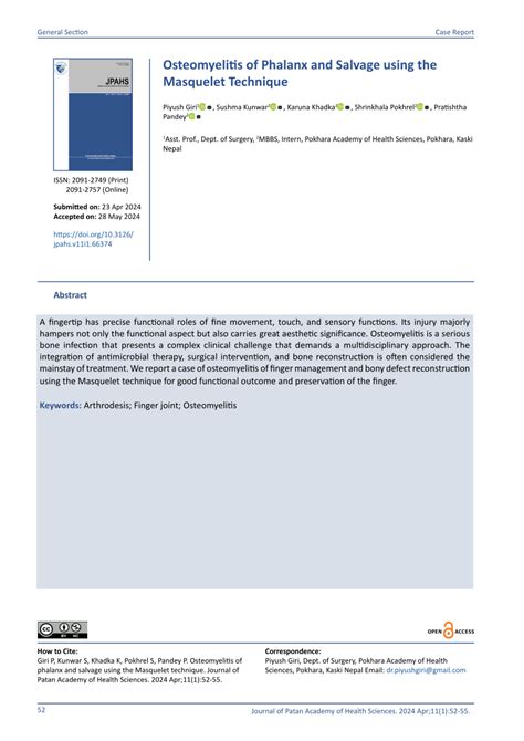 Pdf Osteomyelitis Of Phalanx And Salvage Using The Masquelet Technique