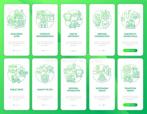 Urban Planning Green Gradient Onboarding Mobile App Screen Set Stock