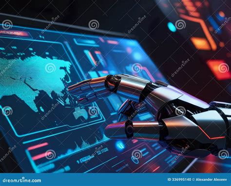 the robot analyzes graphs artificial intelligence hand pointing to