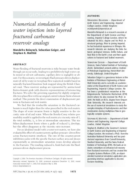 Pdf Numerical Simulation Of Water Injection Into Layered Fractured Carbonate Reservoir Analogs