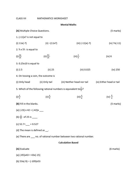 Class Vii Mathematics Worksheet Pdf Rational Number Mathematics