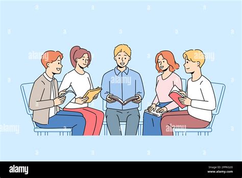 Happy Diverse People Sit In Circle Reading Book Together Smiling Group Read And Discuss Bible