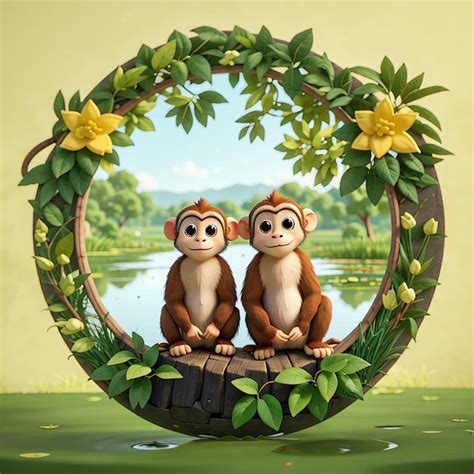 Premium Photo Cute Monkeys By The Pond In Circular Frame