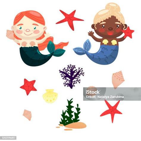 두 귀여운 인어 소녀 불가사리 조개 산호와 조류의 벡터 이미지 세트입니다 다양한 일러스트 인쇄 디자인에 대한 만화 캐릭터 0명에 대한 스톡 벡터 아트 및 기타 이미지