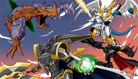 Alphamon Alphamon Ouryuken Imperialdramon Imperialdramon Fighter Mode Omegamon Zwart