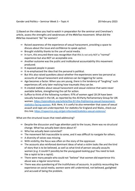 Pol361 Topic 4 Seminar Discussion Summary Gender And Politics Seminar Week 5 Topic 4 20