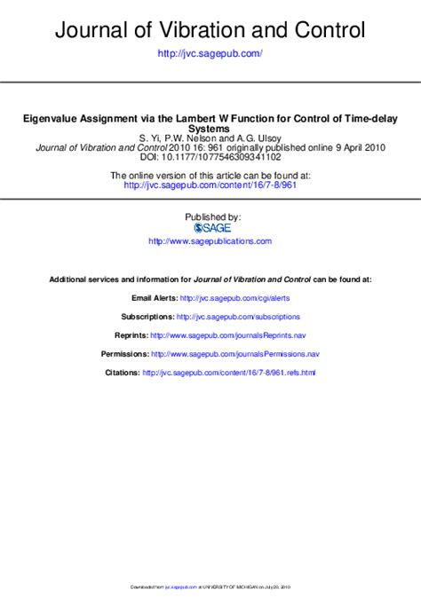 Pdf Eigenvalue Assignment Via The Lambert W Function For Control Of