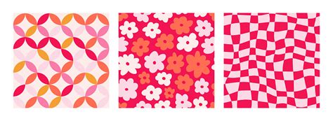 그루비 이음매 없는 패턴 세트 1970년 데이지 꽃 트리피 그리드 기하학적 배경 핑크 색상으로 설정합니다 사이키델릭 추상 벡터 일러스트레이션 70년대 스타일의 플랫 디자인