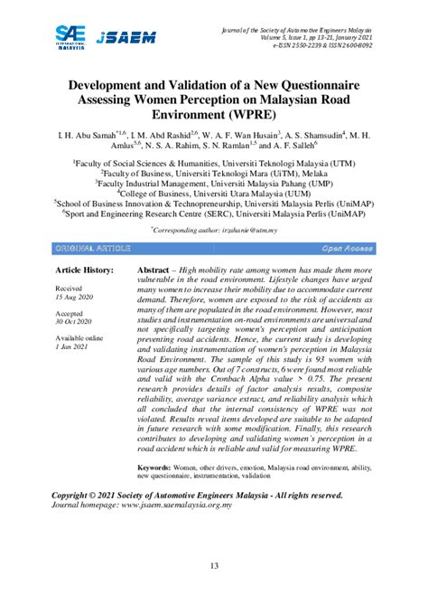 Pdf Development And Validation Of A New Questionnaire Assessing Women Perception On Malaysian
