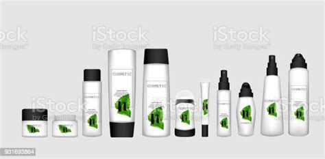화장품 포장 블랙 모자 흰색 배경에 고립의 집합입니다 크림 샴푸 액체 비누와 스프레이 천연 화장품 서식 파일에 대 한 화장품 패키지 3차원 형태에 대한 스톡 벡터 아트 및