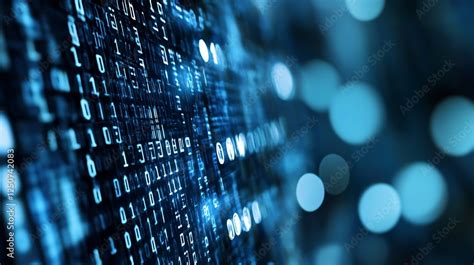 Abstract Blue Digital Data Matrix With Binary Code And Bokeh Effect Creating A Modern Tech