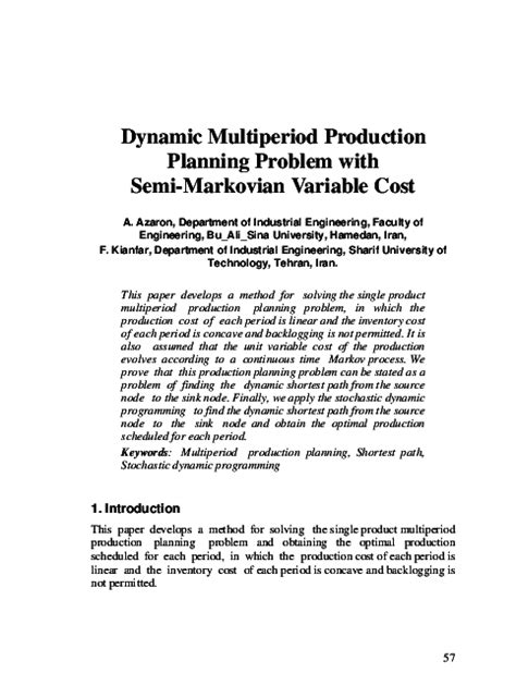 Pdf Dynamic Multiperiod Production Planning Problem With Semi Markovian Variable Cost