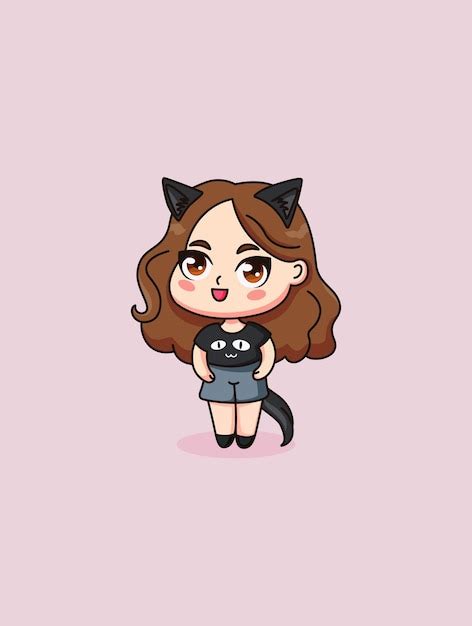 고양이 귀와 꼬리를 가진 귀여운 치비 소녀 만화 캐릭터 스타일 벡터 일러스트 레이 션 프리미엄 벡터