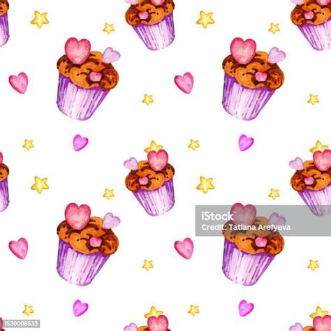 발렌타인 데이 테마의 하트 사탕 컵케이크 수채화 손 그리기 분홍색과 라일락 색이 흰색 배경에 분리된 매끄러운 수채화 패턴 생일 발렌타인 데이 어머니의 날 결혼식에 대한 스톡