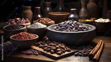 Cocoa Beans And Chocolate In Various Stages Of Production From Raw Beans To The Final Product