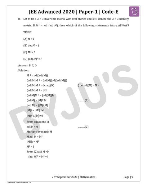 Jee Advanced 2020 Maths Paper 1 Questions With Solutions Download Pdf