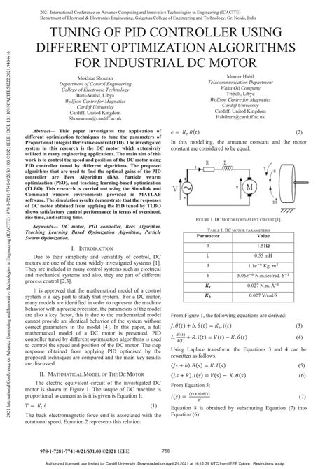 pdf tuning of pid controller using different optimization algorithms for industrial dc motor