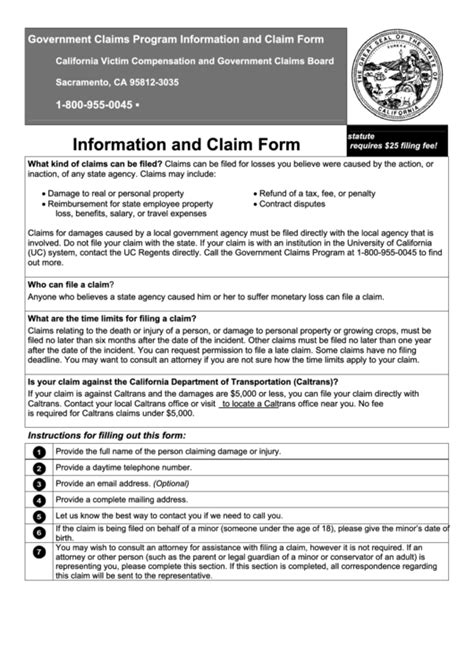 Fillable Government Claims Program Information And Claim Form Printable