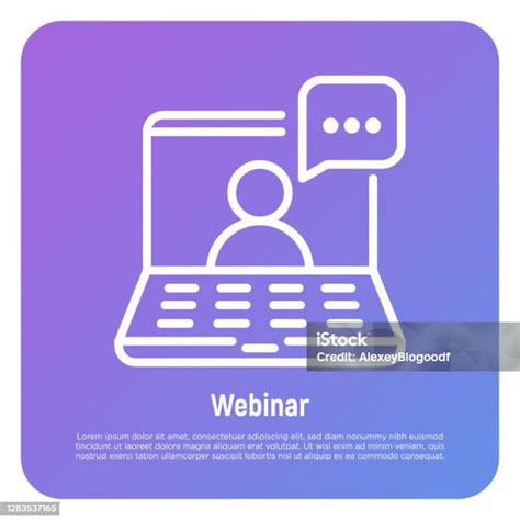 온라인 웨비나 세미나 트레이닝 씬 라인 아이콘 음성 거품화면에 노트북과 남자를 엽니 다 집에서 일하십시오 E러닝 벡터 그림입니다 Brand Name Online