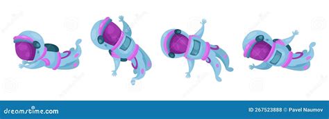 Astronaut Or Cosmonaut In Spacesuit Floating In Outer Space Vector Set Stock Vector