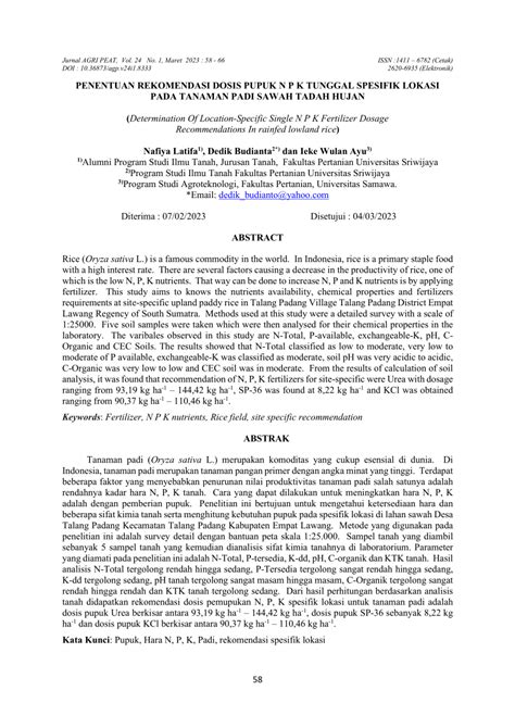 Pdf Penentuan Rekomendasi Dosis Pupuk N P K Tunggal Spesifik Lokasi Pada Tanaman Padi Sawah