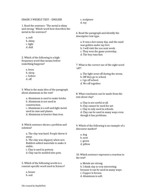 Grade 3 Weekly English Test Pdf Materials