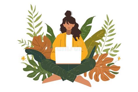 woman sitting at the lotus pose and holding laptop at isolated vector