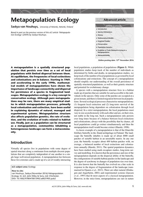 Pdf Metapopulation Ecology
