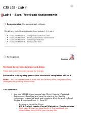 CIS 105 Lab 4 Docx CIS 105 Lab 4 Lab 4 Excel Textbook Assignments Competencies Use
