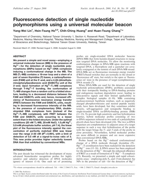 Pdf Fluorescence Detection Of Single Nucleotide Polymorphisms Using A Universal Molecular Beacon