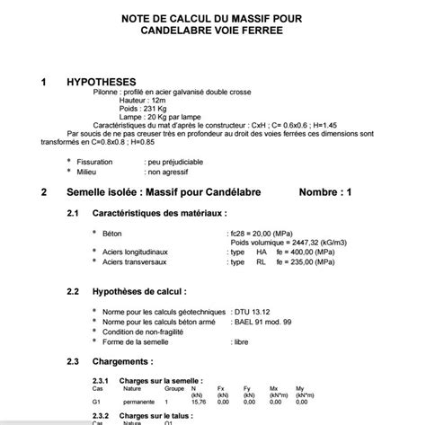 Note de calcul de massif de candélabre feuille excel