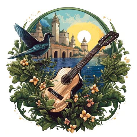 Classic Spanish Flamenco Guitar With Andalusian Architecture And Floral
