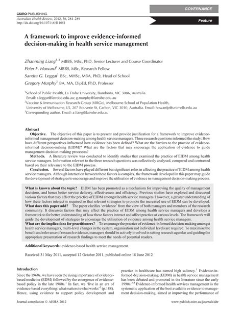 Pdf A Framework To Improve Evidence Informed Decision Making In Health Service Management