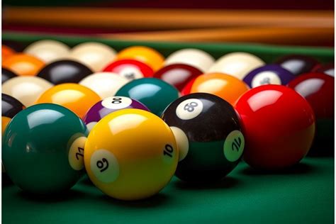 Polished Many Colorful Billiard Balls And Cue Generate Ai