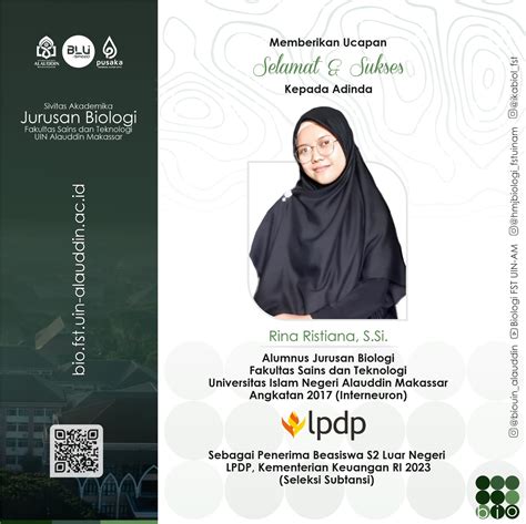 Rina Ristiana : Alumni Program Studi Biologi, Penerima Beasiswa LPDP di United Kingdom