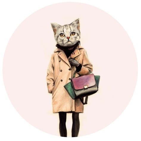 a drawing of a cat wearing a coat and holding a purse